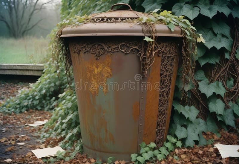 A Rusted, Ornate Metal Trash Can Stock Illustration - Illustration of ...