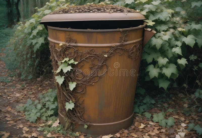 A Rusted, Ornate Metal Trash Can Stock Illustration - Illustration of ...