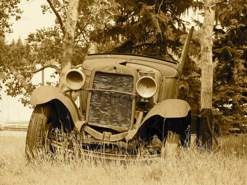 Rusted Out Antique Car in Sepia Tone Stock Photo - Image of rusty ...