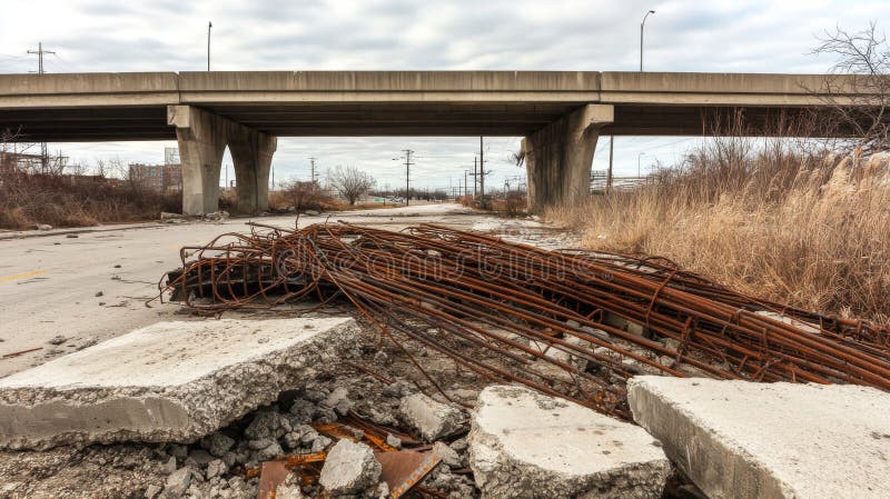 Rusted Rebar and Concrete Debris Underneath a Bridge Stock Illustration ...