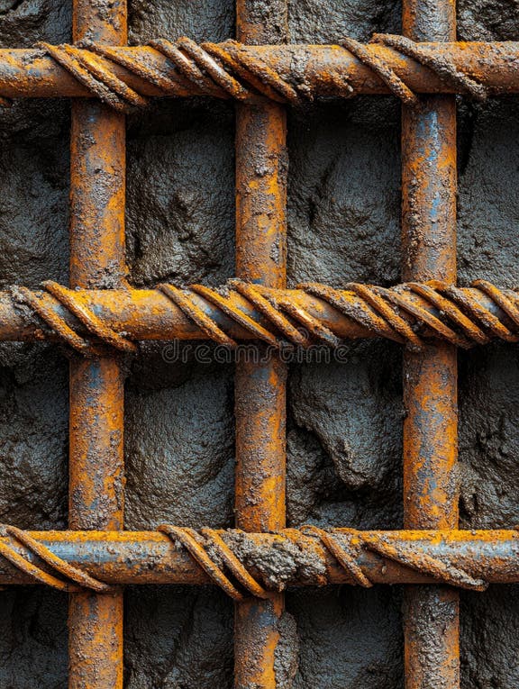 Rusted Rebar Grid Embedded in Concrete for Construction Texture. Stock ...