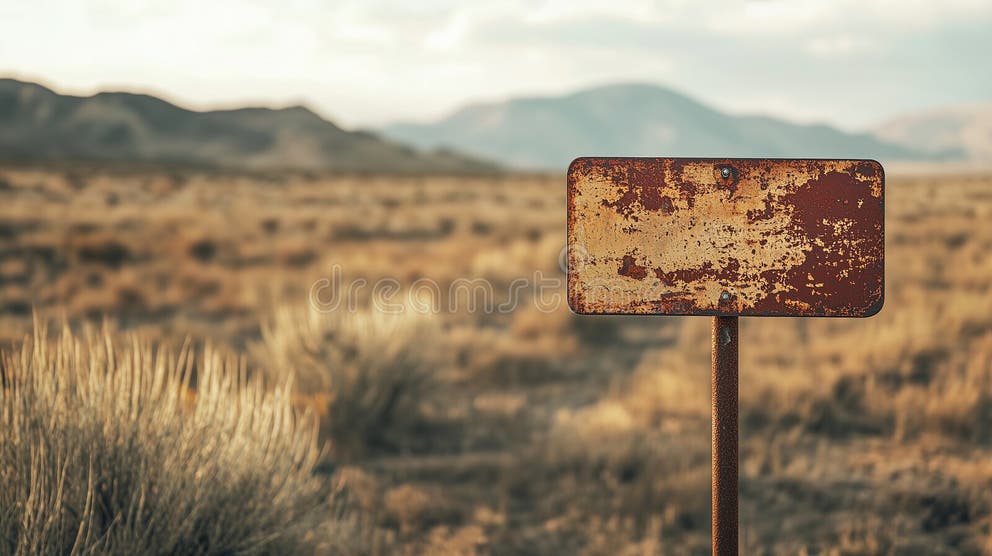 Rusted Rectangular Metal Sign on a Post Stands in an Arid Desert ...