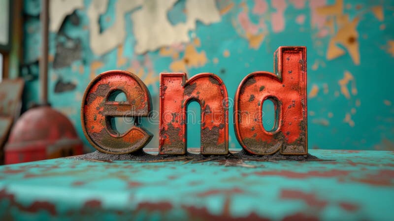 Rusted Red End Text on Turquoise Surface with Peeling Paint Stock Image ...