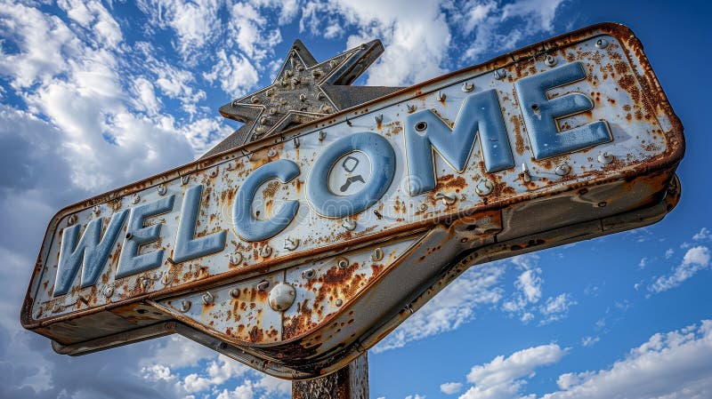Rusted Sign that Says Welcome. the Sign is Located in a Field with a ...
