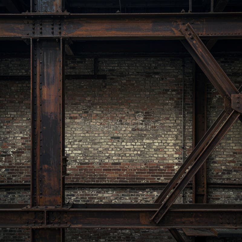 Rusted Steel Beams Create a Grid Pattern Against a Weathered Brick Wall ...