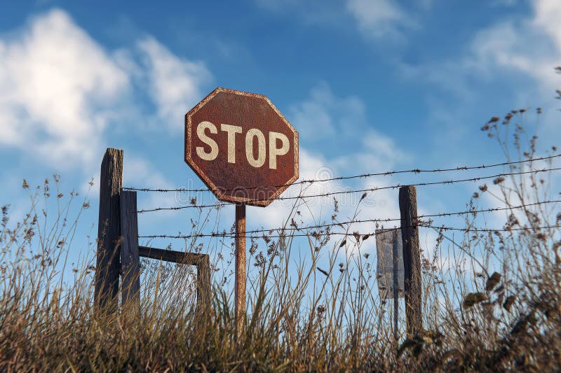 A Rusted STOP Sign in Front of a Closed Border Gate, Abandoned ...