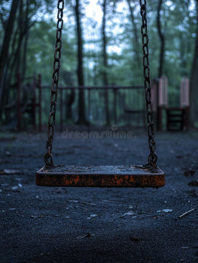 Rusted Swing in an Abandoned Playground Surrounded by Trees. Stock ...