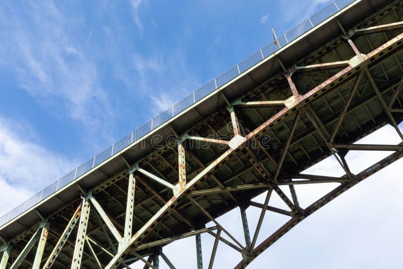 Rusted Underside of an Arch Bridge, Decaying Infrastructure, Blue Sky ...