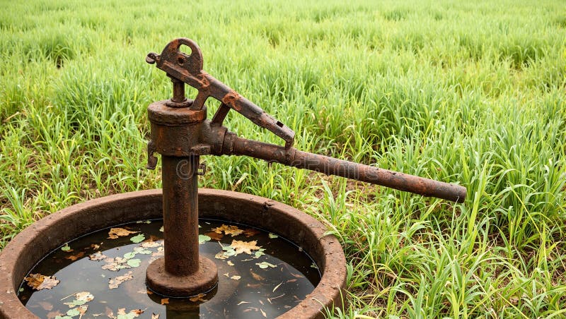 Rusted Water Pump in Field with Rainwater Leaves and Tall Grass Stock ...