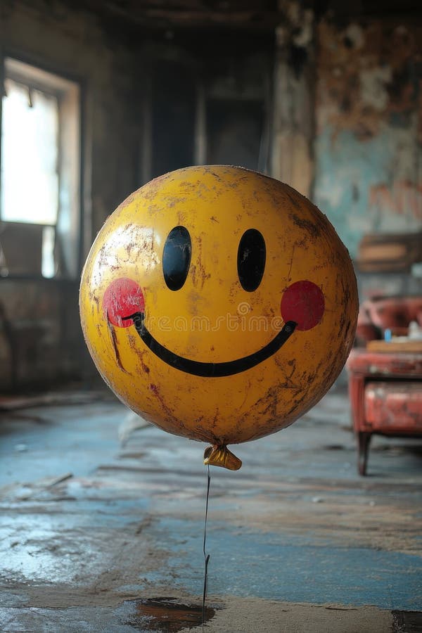 Rustic Abandoned Space Featuring a Large Smiling Balloon with a Chipped ...
