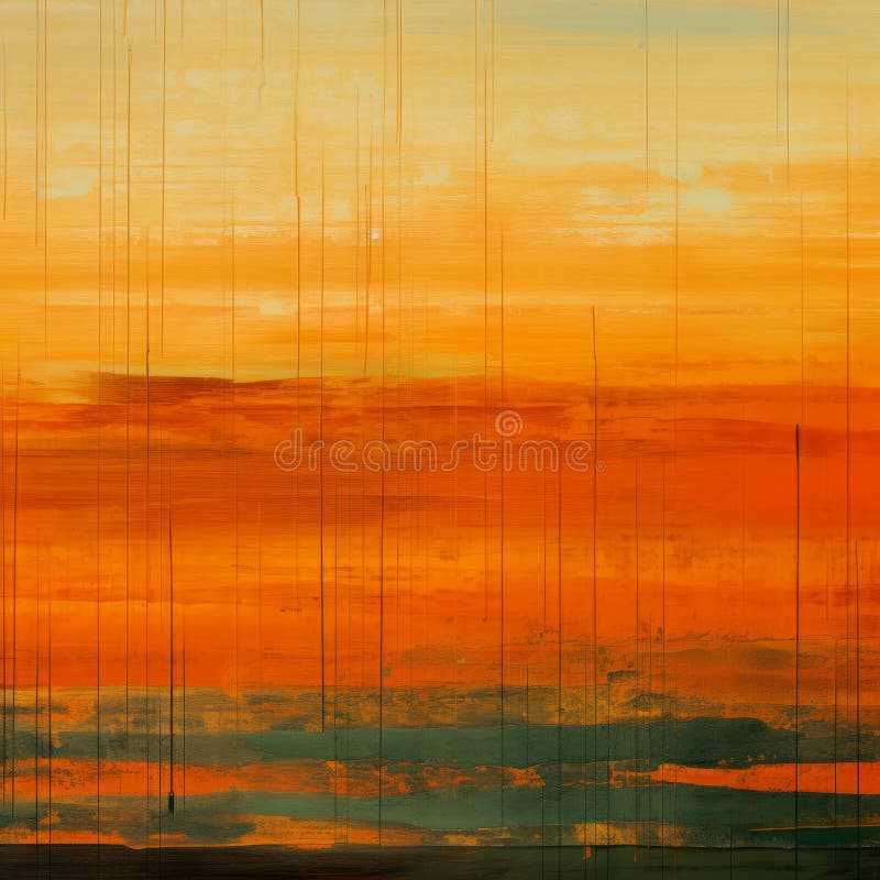 Rustic Abstraction: Orange Sunset Painting with Panoramic Scale and ...