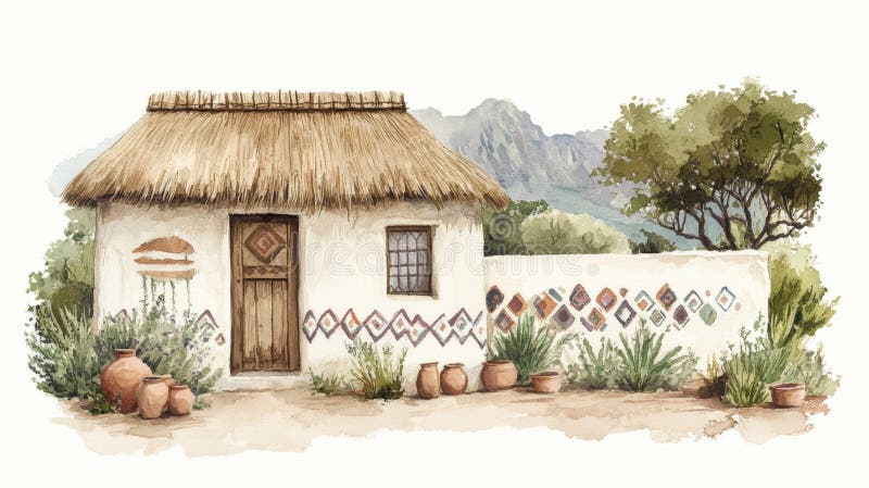 Rustic Adobe House with Thatch Roof Surrounded by Nature and Mountains ...