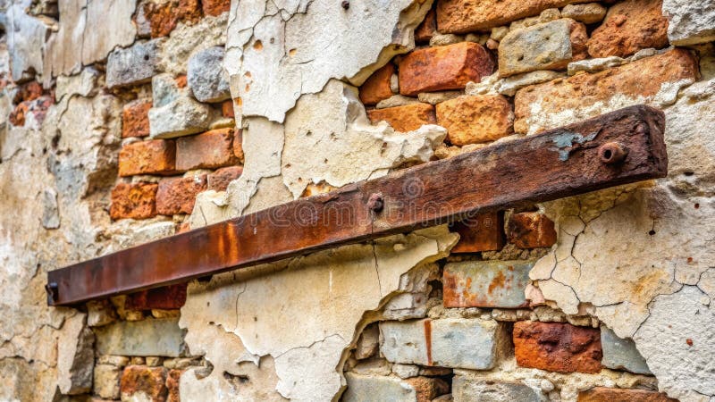 Rustic Aged Metal Beam Affixed To a Crumbling Brick Wall, Showing ...