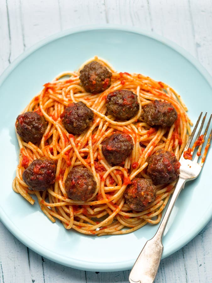 Rustic American Italian Meatball Spaghetti Stock Image - Image of ...