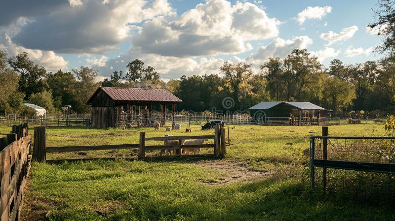 A Rustic Animal Sanctuary with Open Fields, Shelters, and Happy Stock ...