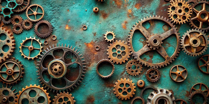 Rustic Antique Gear Set on Weathered Teal Surface a Detailed Macro Shot ...
