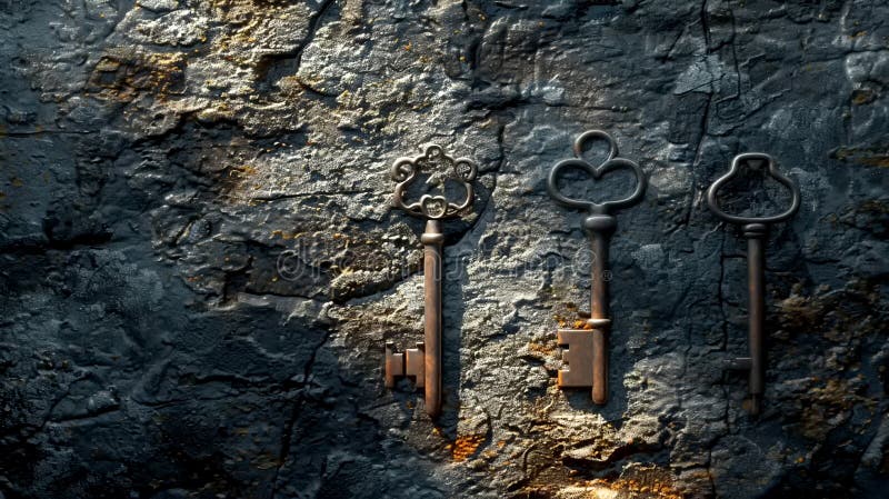 Rustic Antique Keys Resting on a Textured Stone Surface in Soft Natural ...