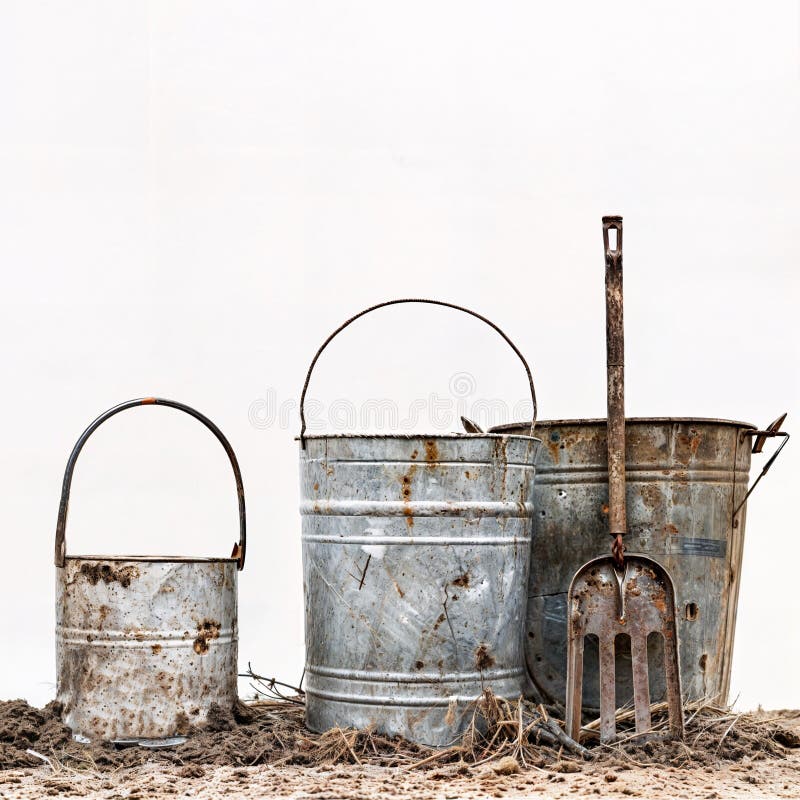 Rustic Antique Rusty Metal Buckets with Small Rake and White Bottom ...