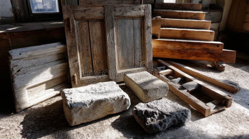 Rustic Antique Wood and Stone Pieces in Sunlit Workshop for Restoration Projects Stock ...