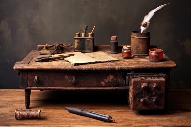 Rustic Antique Writing Desk with Quill and Inkwell Stock Illustration ...