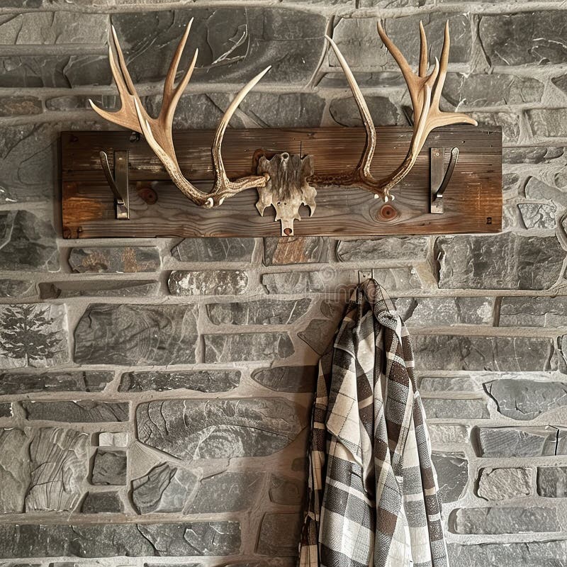 Rustic Antler Coat Rack on Stone Wall Stock Image - Image of texture ...