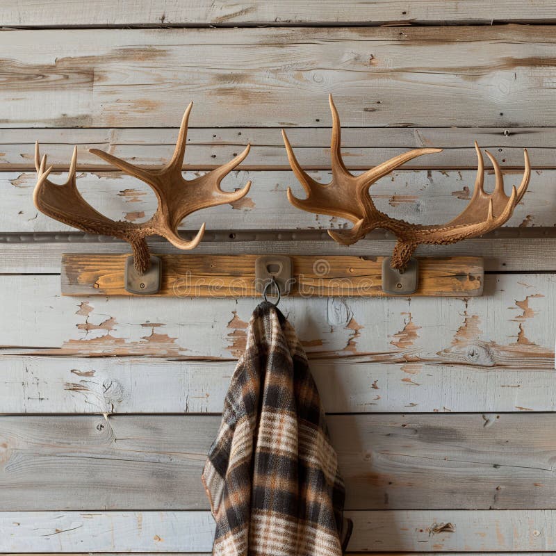 Rustic Antler Coat Rack on Weathered Wood Wall Stock Image - Image of ...