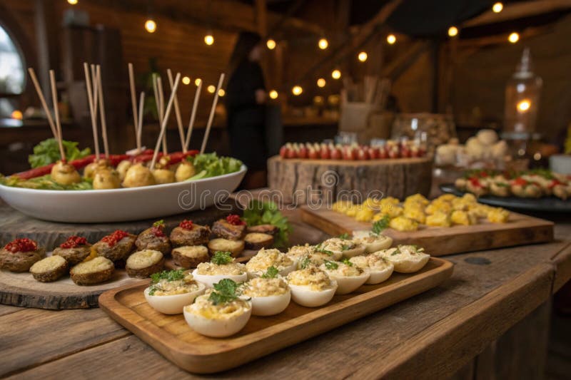Rustic Appetizer Buffet with Assorted Finger Foods in Cozy Setting ...