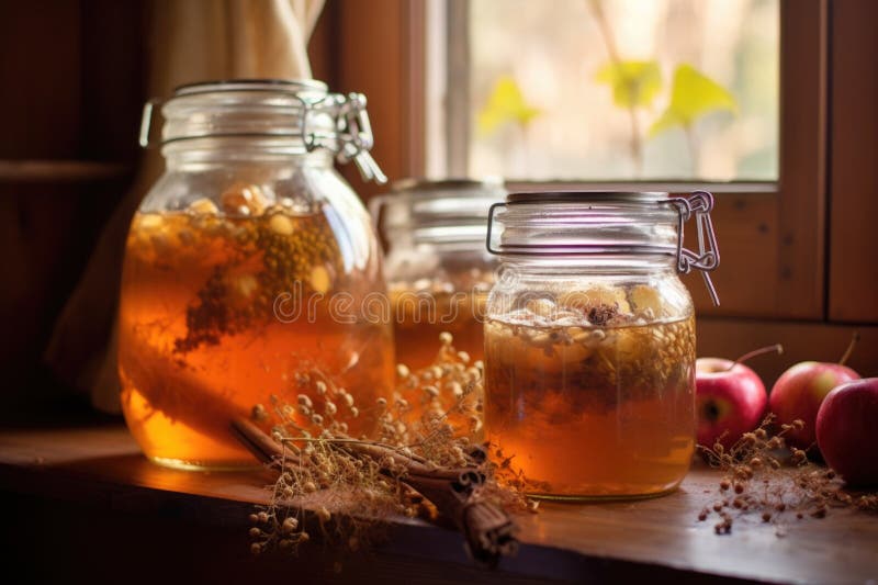 Rustic Apple Cider Fermenting in Glass Jars Stock Illustration ...