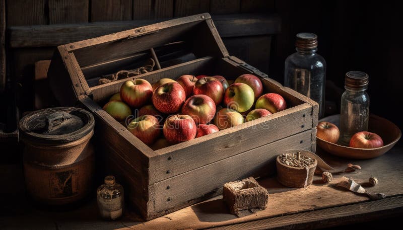 Rustic Apple Crate on Old Table, Fresh Organic Harvest Abundance ...