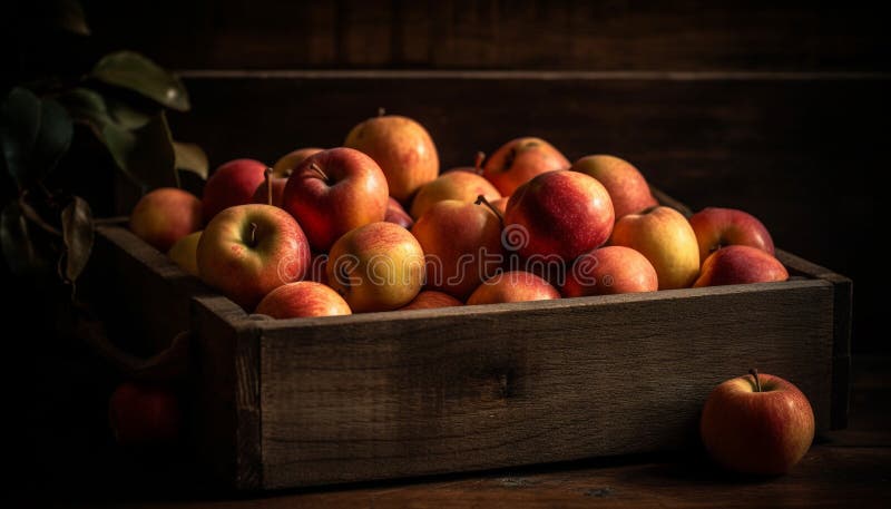 Rustic Apple Crate on Wooden Table with Fresh Organic Fruit Generated ...