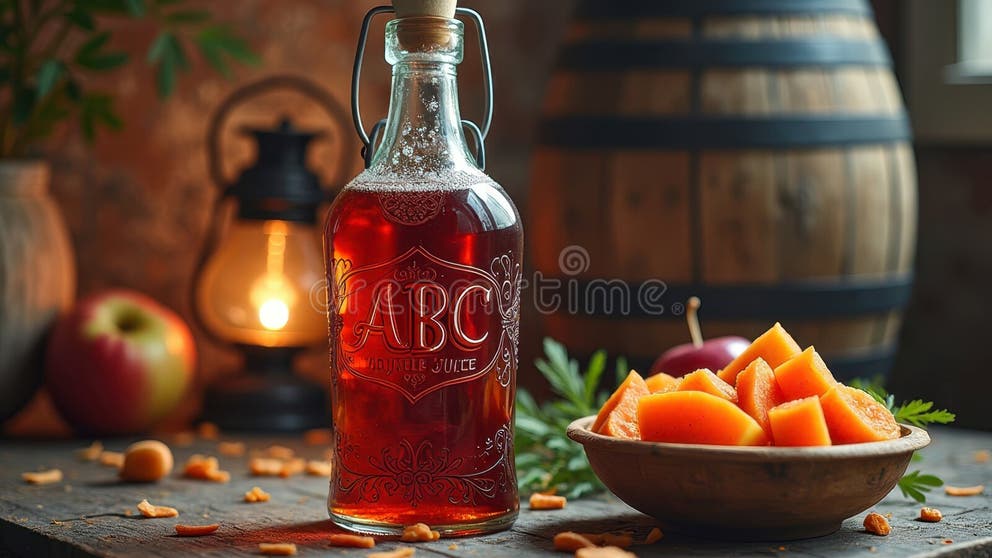 Rustic Apple Juice Bottle with Lantern and Fresh Fruit in Cozy Wooden ...
