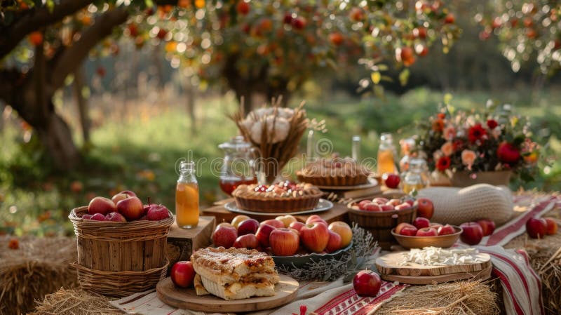 Rustic Apple Orchard Picnic with Hay Bale Seats, Apple Pies, Cider, and ...