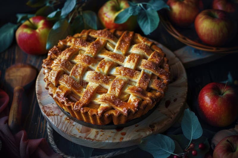 Rustic Apple Pie on Wooden Table Stock Image - Image of baking, apples ...