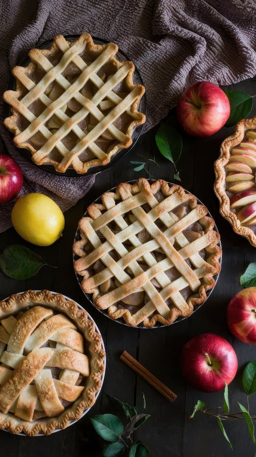 Rustic Apple Pies with Lattice Tops on Dark Wooden Table Stock ...