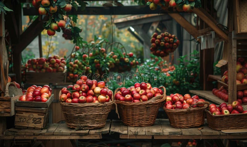 Rustic Apple Stand with Baskets of Apples for Sale Stock Image - Image ...