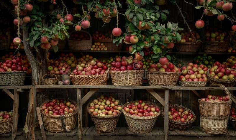 Rustic Apple Stand with Baskets of Apples for Sale Stock Photo - Image ...