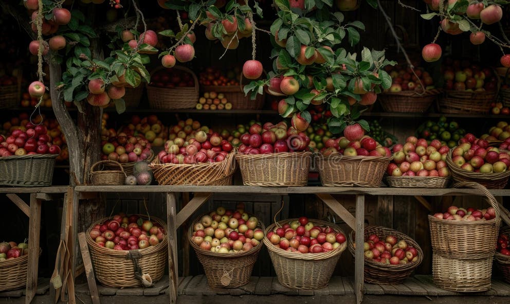 Rustic Apple Stand with Baskets of Apples for Sale Stock Photo - Image ...