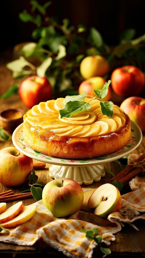 Rustic Apple Tart on Pedestal with Fresh Apples and Greenery in Cozy ...