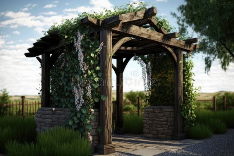 Rustic Arbor with Flowering Vines and Greenery in the Background Stock ...