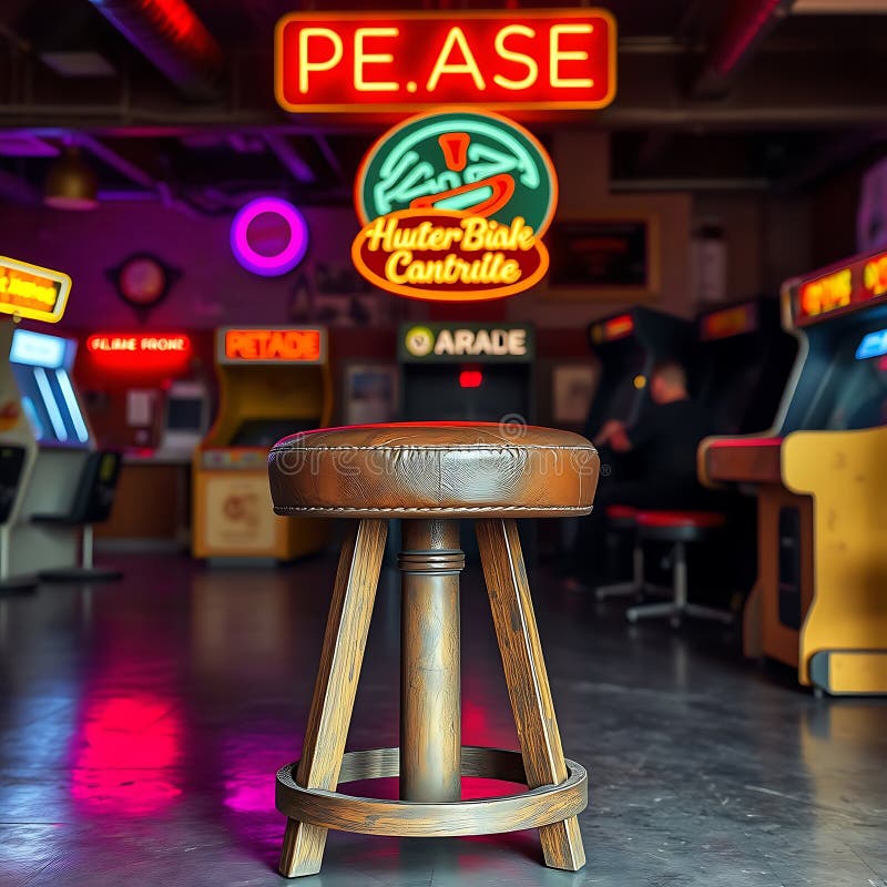 A Rustic Arcade Stool with Worn Leather Seating in an Old School Retro ...
