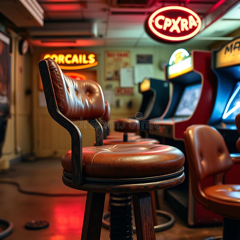 A Rustic Arcade Stool with Worn Leather Seating in an Old School Retro ...