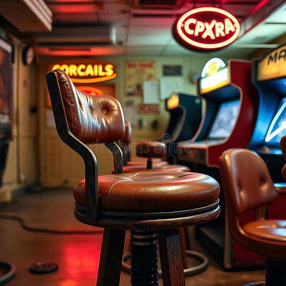 A Rustic Arcade Stool with Worn Leather Seating in an Old School Retro ...