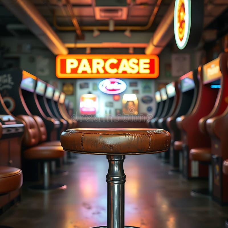 A Rustic Arcade Stool with Worn Leather Seating in an Old School Retro ...