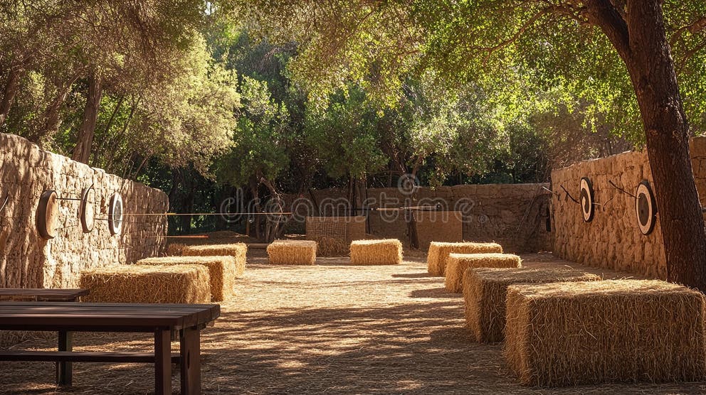 A Rustic Archery Range with Hay Bale Targets and Bows Ready for Stock ...