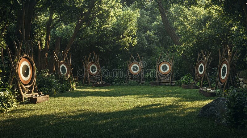 A Rustic Archery Setup with Targets and Bows Arranged Neatly in a Stock ...