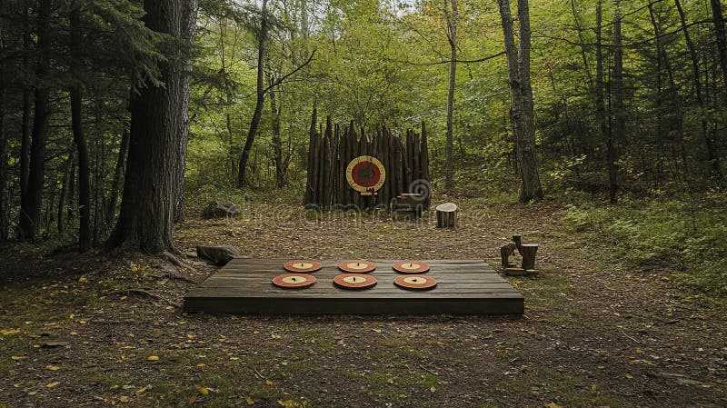 A Rustic Archery Setup with Targets and Bows Arranged Neatly in a Stock ...