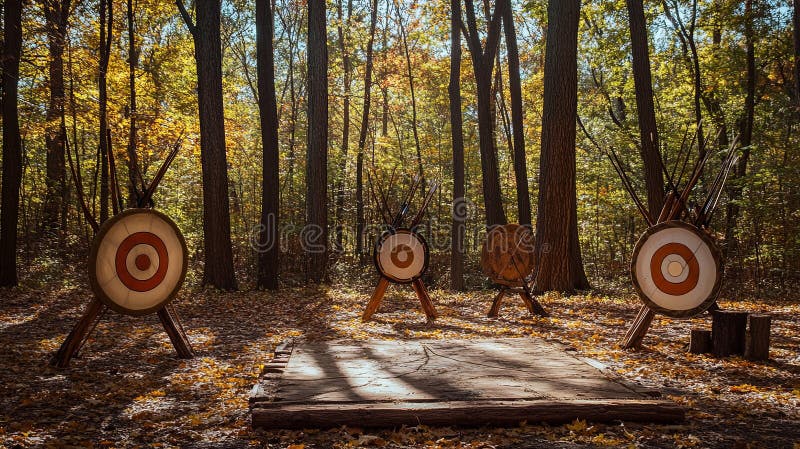 A Rustic Archery Setup with Targets and Bows Arranged Neatly in a Stock ...