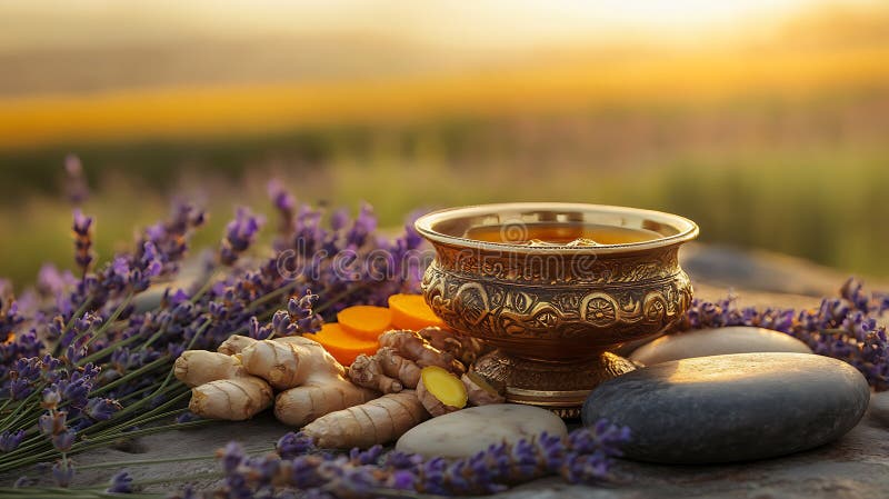 Rustic Aromatherapy Setting with Herbs and Essential Oil in Lavender ...