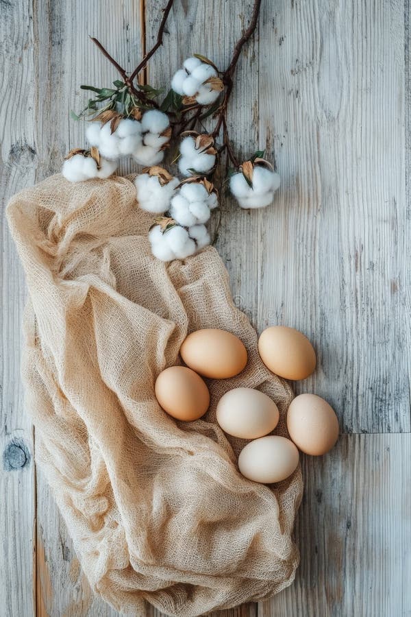Rustic Arrangement of Brown Eggs and Cotton Branches on Wooden Surface ...