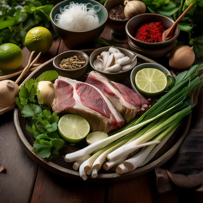 Rustic Arrangement of Pho Bo Ingredients Highlighting Beef Bones and ...